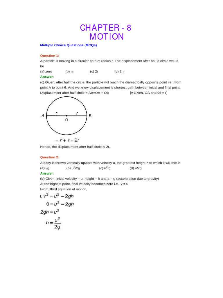 Chapter - 8 Motion: Multiple Choice Questions (MCQS) | PDF | Acceleration | Velocity