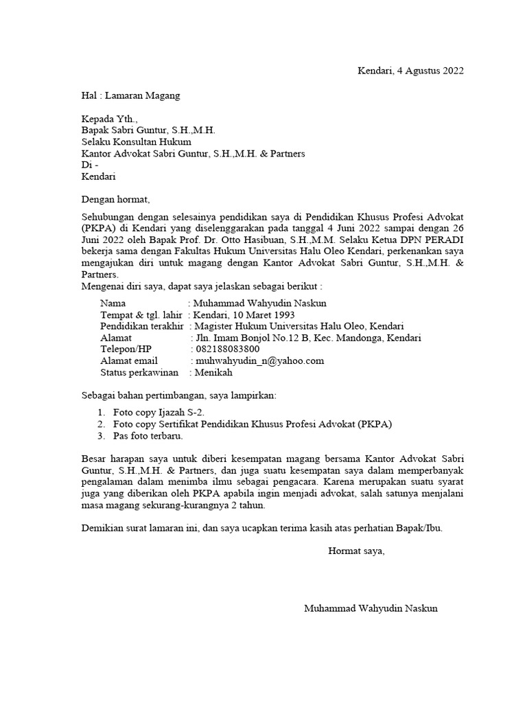 Surat Lamaran Magang Ke Lawfirm | PDF