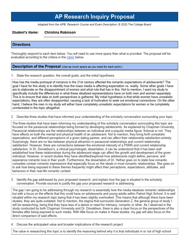 Inquiry Proposal Form - C.R. | PDF | Adolescence | Romance (Love)