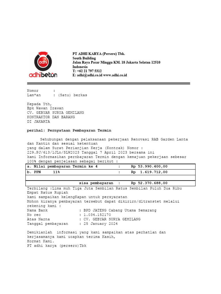 Surat Tagihan Termin Adhi Karya | PDF