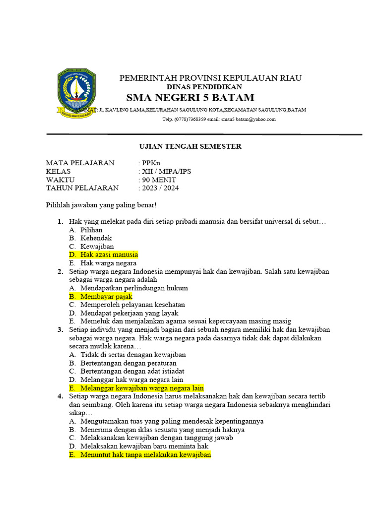 UTS PPKN KELAS XII 2023 BARU OKE! | PDF