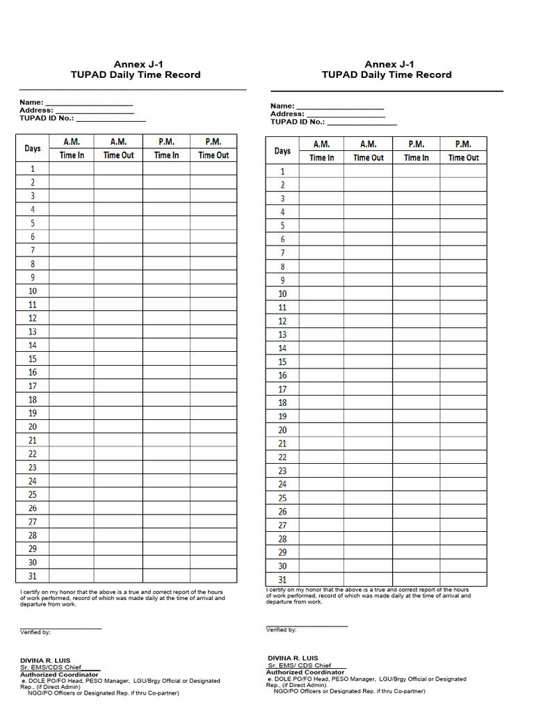TUPAD Daily Time Record Form | PDF
