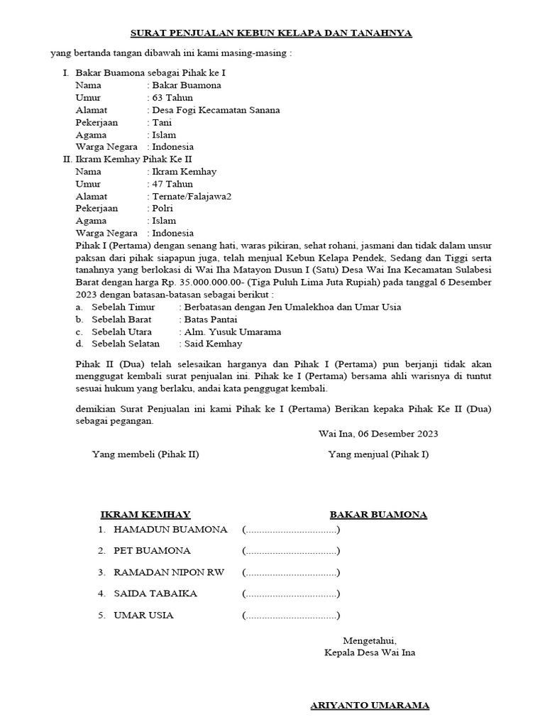 Surat Penjualan Kebun dan Tanah | PDF