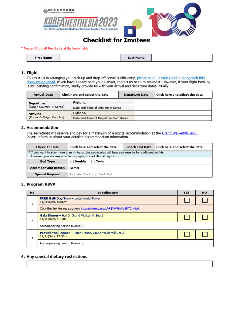 KoreAnesthesia 2023 - Checklist For Invitees | PDF