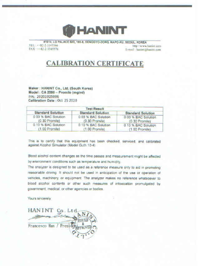 Calibration Cert Alcosensor | PDF