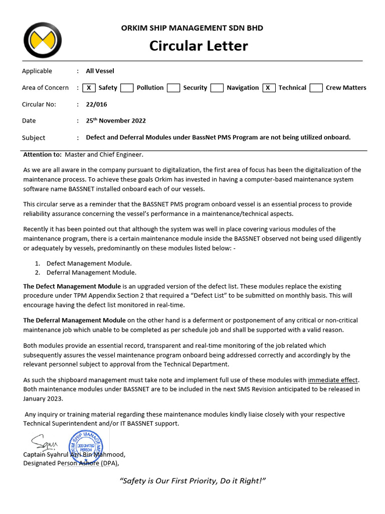 Circular Letter 22-016 - Defect and Deferral Module Usage in BASSNET | PDF