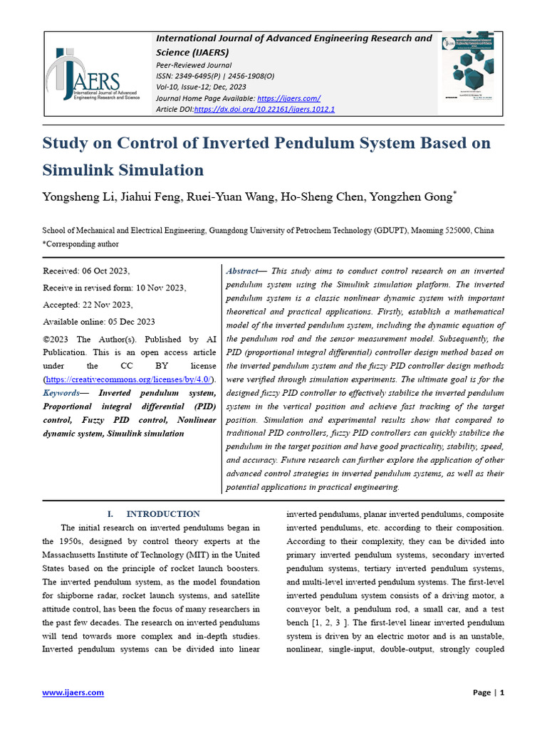 Study On Control of Inverted Pendulum System Based On Simulink Simulation | Download Free PDF ...