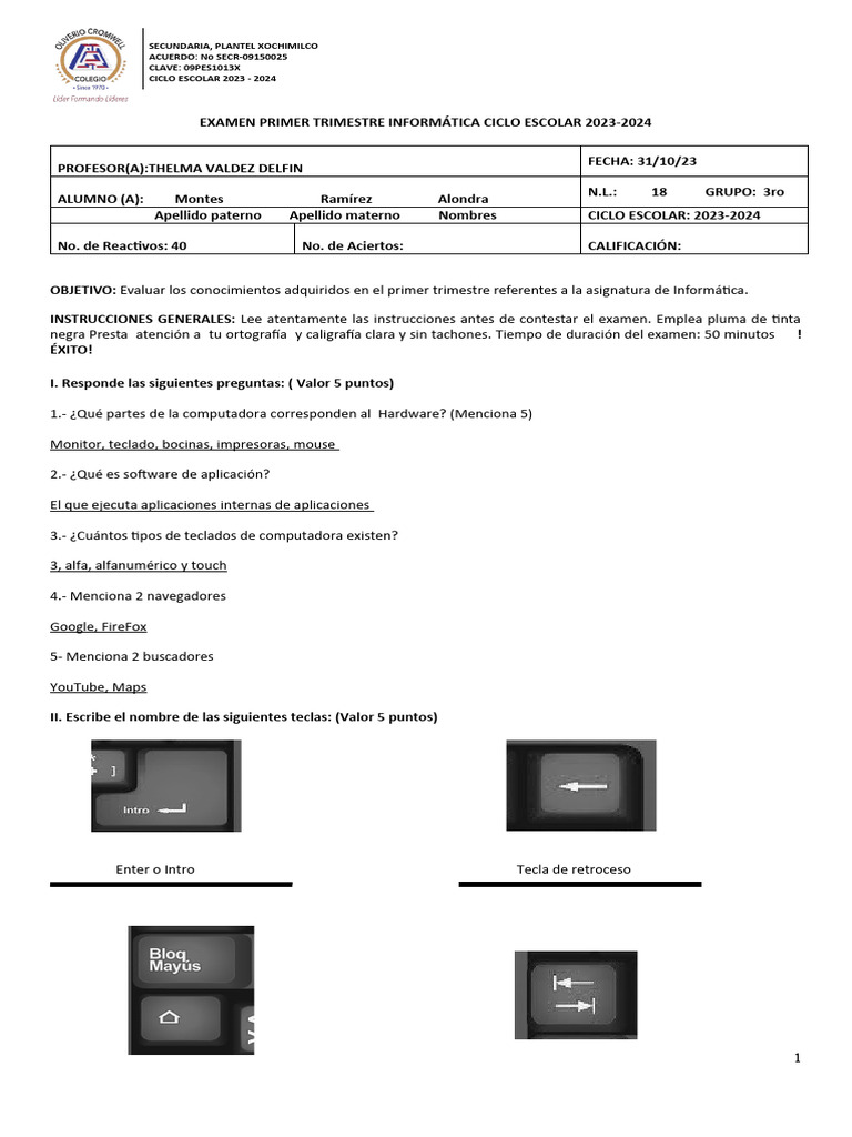 Examen Primer Trimestre Secundaria 2023-2024 Informática | PDF | Hardware de la computadora ...