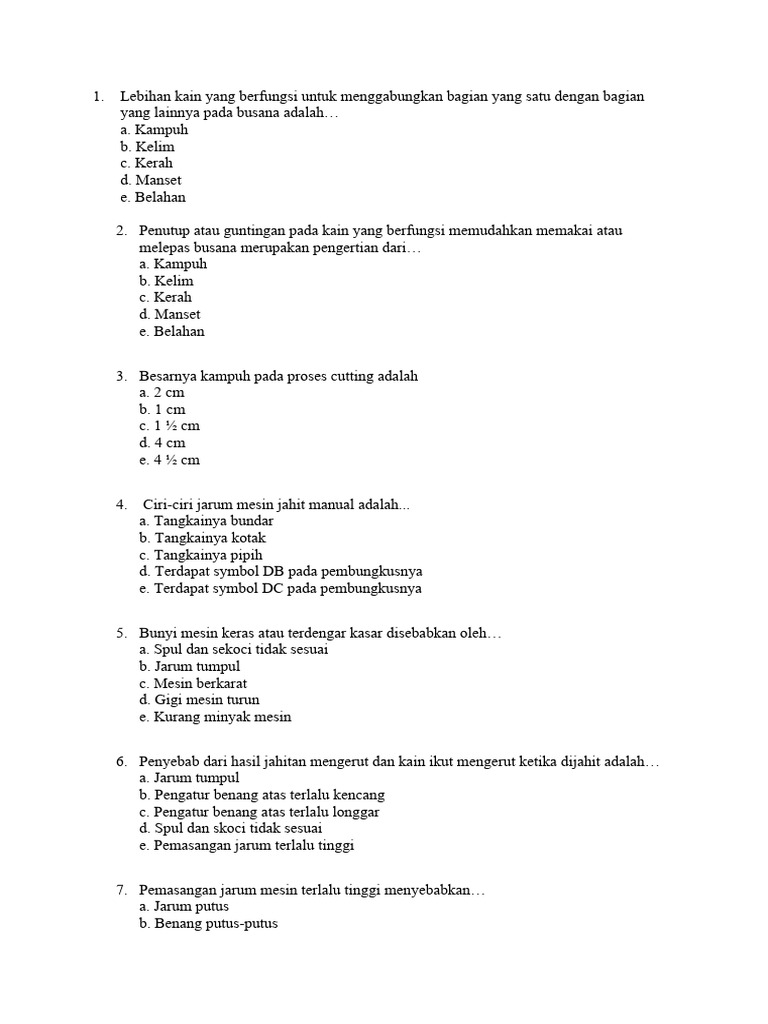 Soal X Teknologi Menjahit 20 | PDF