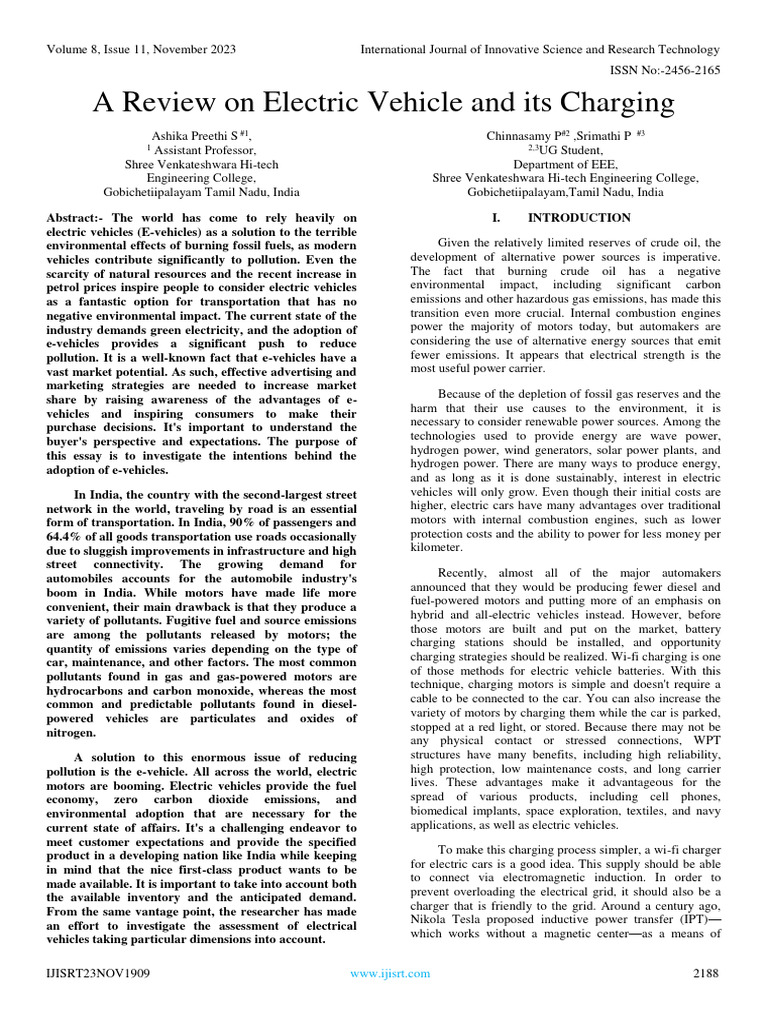 A Review On Electric Vehicle and Its Charging | PDF | Electric Vehicle | Engines