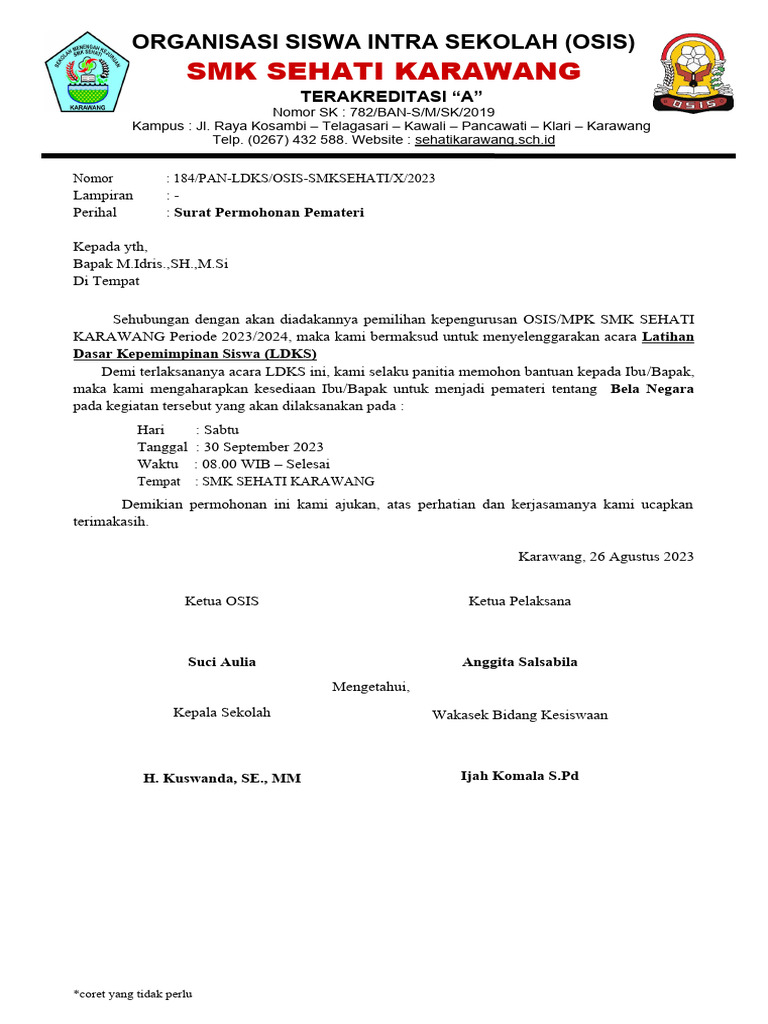 Surat Pemateri Ldks 2023 Fix | PDF