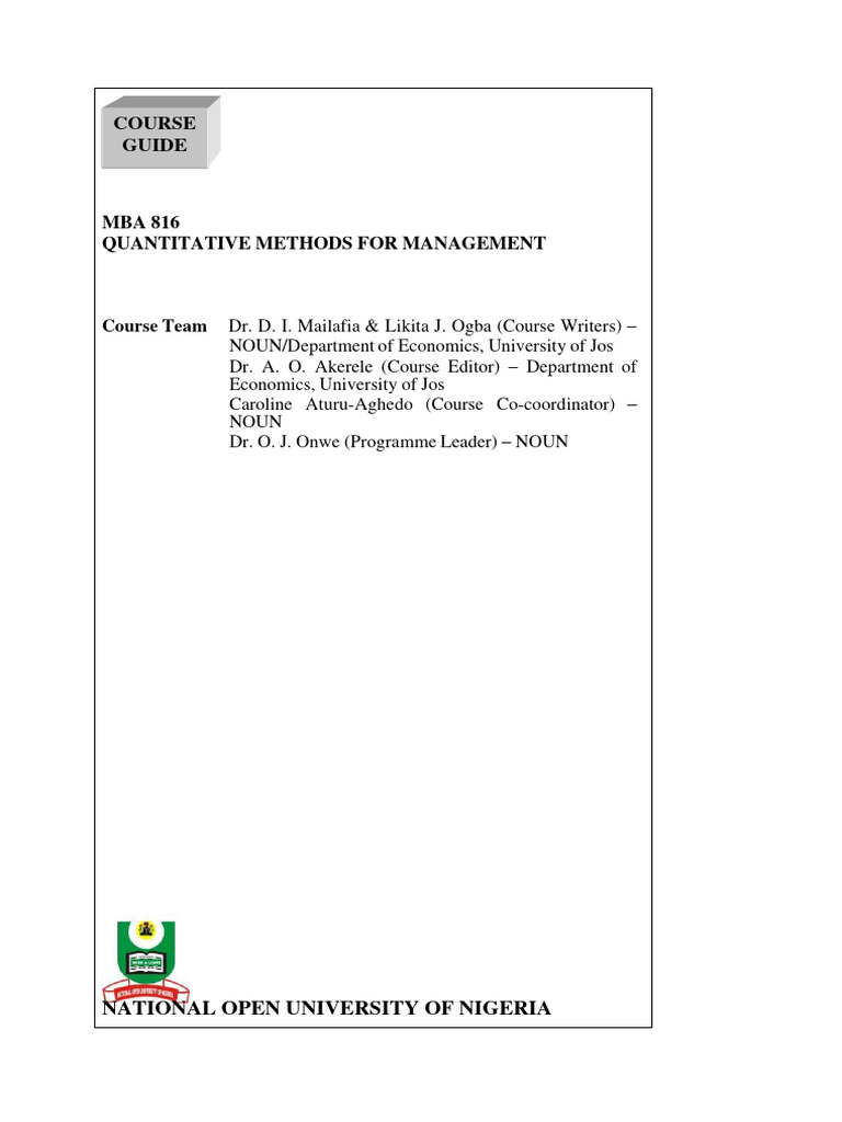 MBA 816 Quantitative Methods For Management | PDF