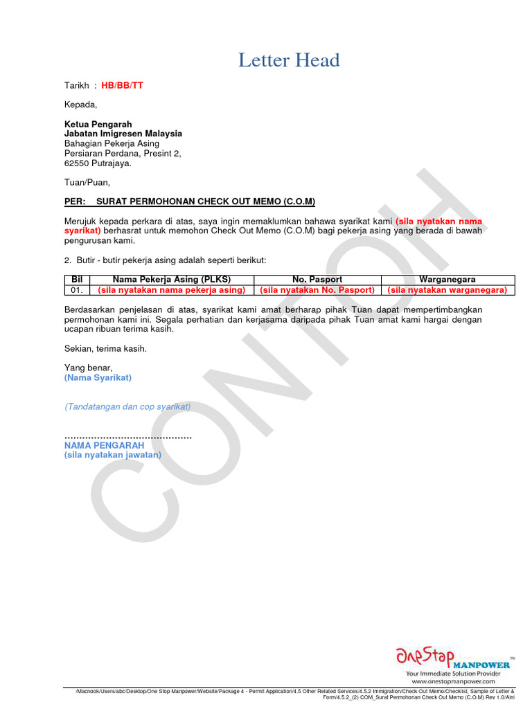 Surat Permohonan Check Out Memo C.O.M | PDF