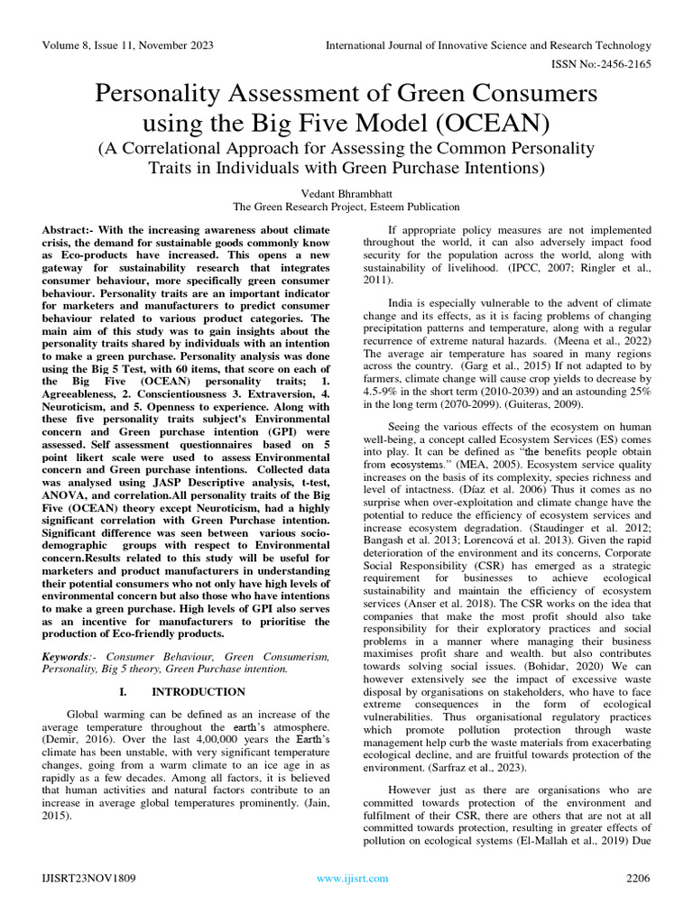 Personality Assessment of Green Consumers Using The Big Five Model (OCEAN) | PDF | Marketing ...