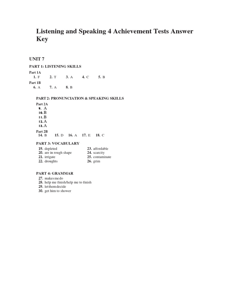 Listening and Speaking 4 Achievement Tests Unit 7 Answer Key | PDF