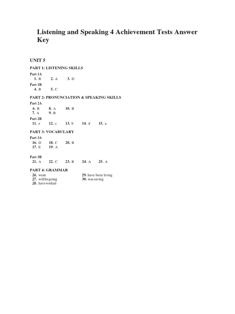 Listening and Speaking 4 Achievement Tests Unit 5 Answer Key | PDF ...