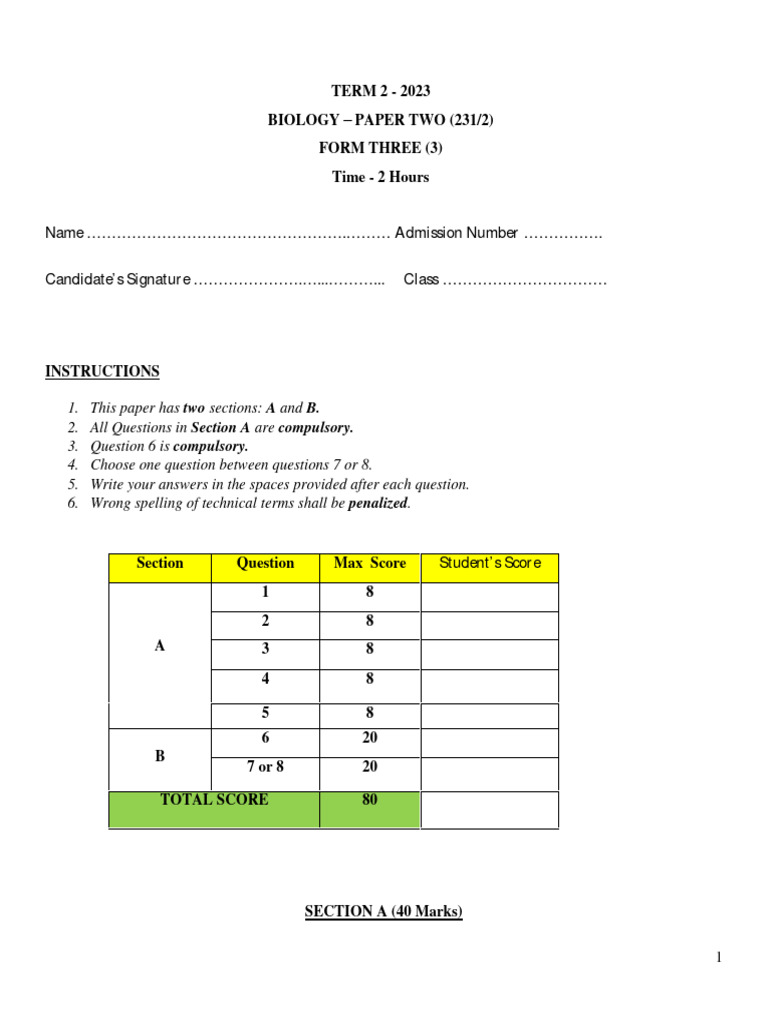 2023 Biology f3 p2 Qs t2 Exam Teacher - Co .Ke | PDF | Leaf | Kidney