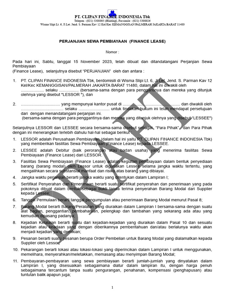 Contoh Perjanjian Leasing Finance | PDF