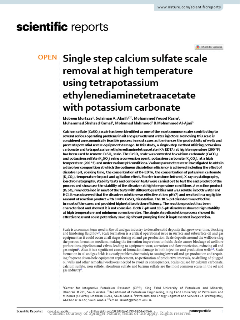 Single Step Calcium Sulfate Scale Removal at High | PDF | Solubility | Acid