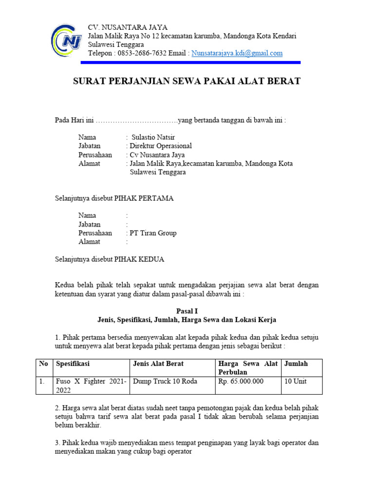 Perjanjian Sewa Alat Berat | PDF