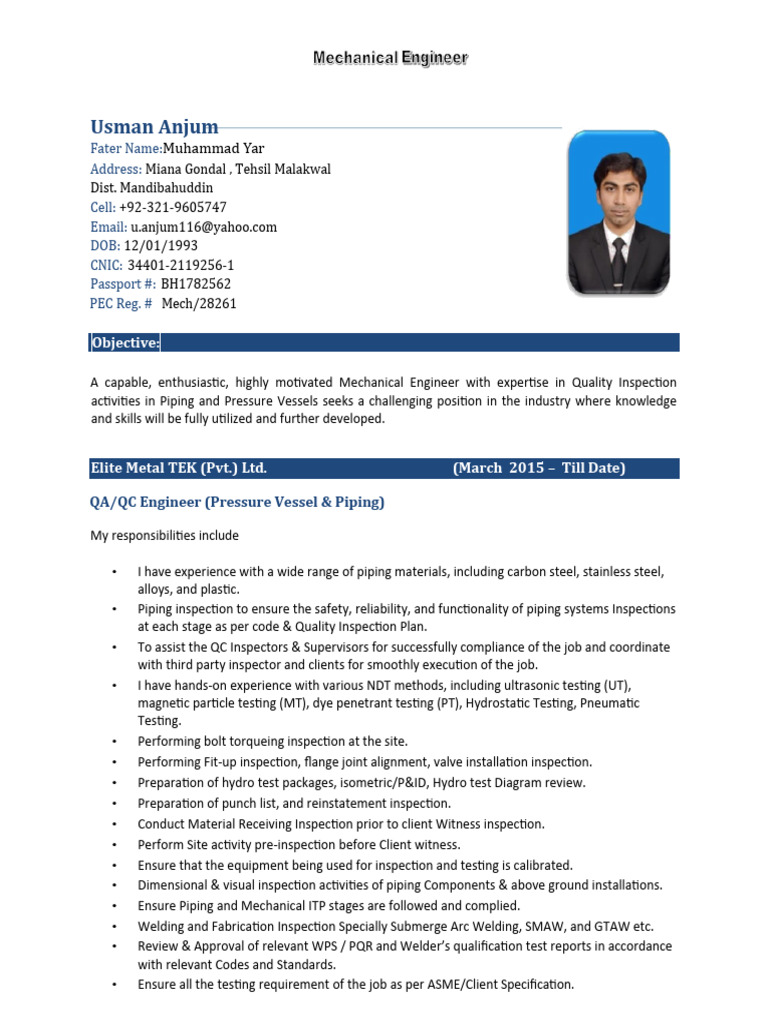 Usman CV Piping Inspector 11 | PDF | Pipe (Fluid Conveyance ...