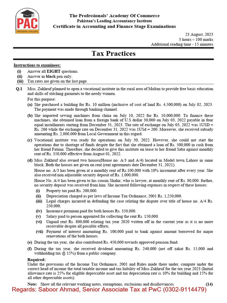 Caf Pac Mock With Solutions Compiled by Saboor Ahmad | PDF | Taxes ...