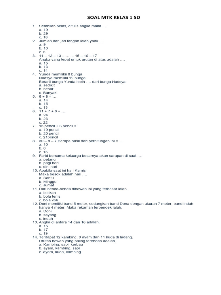 Soal MTK Kelas 1 SD | PDF