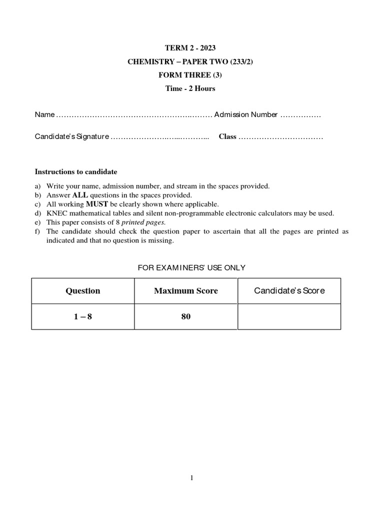 2023 CHEMISTRY F3 P2 QS T2 Exam Teacher - Co - .Ke | PDF | Acid | Gases