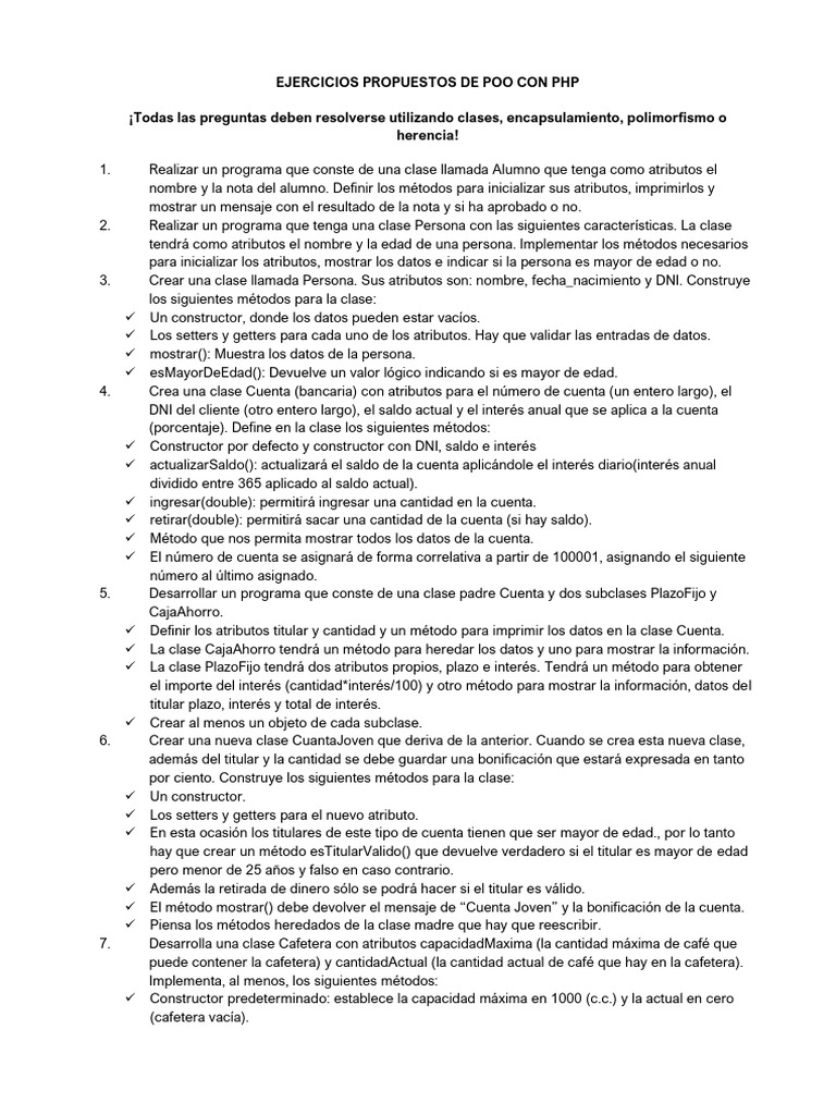 Poo Ejercicios Propuestos Php Pdf Constructor Programación Orientada A Objetos Programación 5130