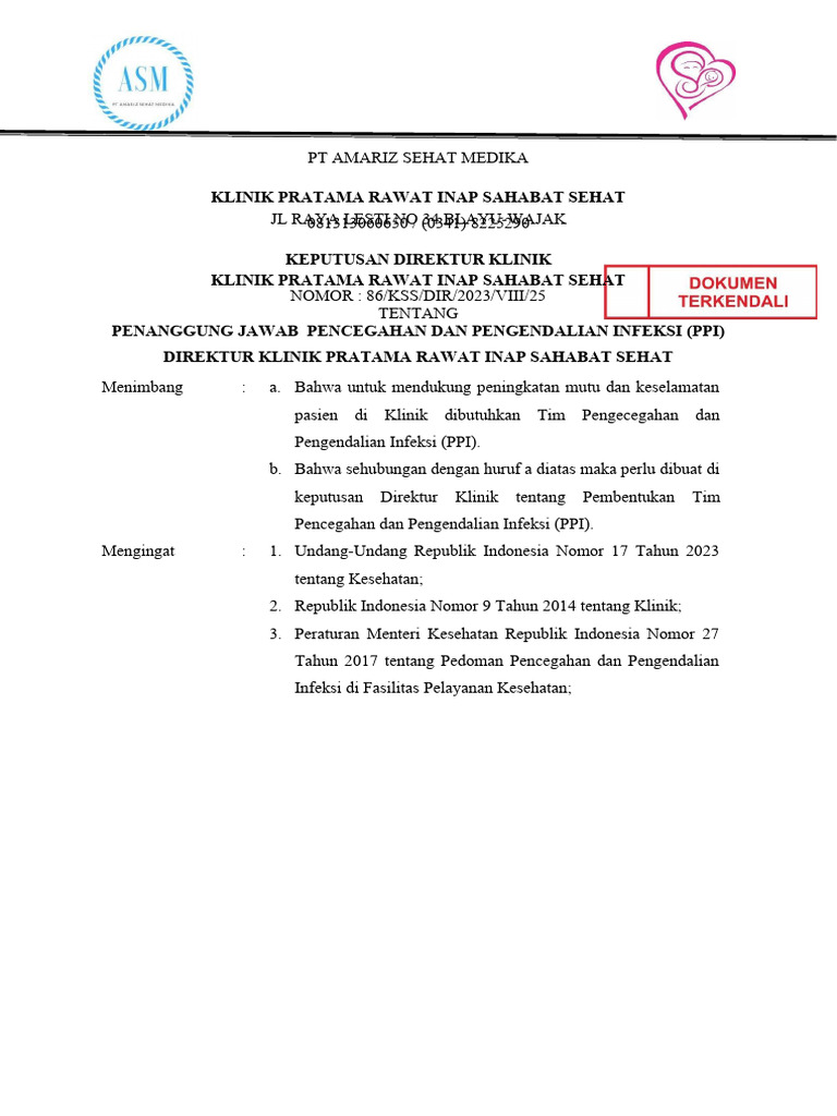 SK PENANGGUNG JAWAB PENCEGAHAN DAN PENGENDALIAN INFEKSI (PPI)r (1) | PDF