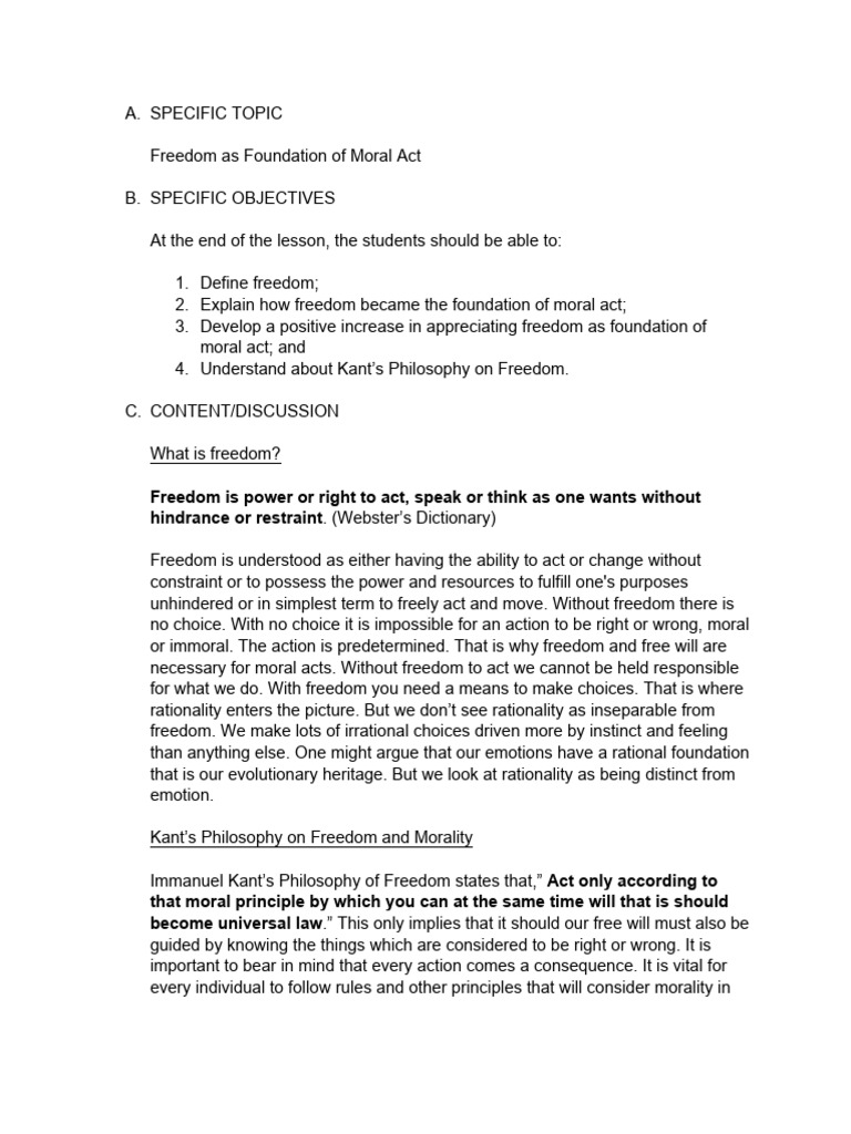 Freedom As A Foundation of Moral Act | PDF | Free Will | Rationality