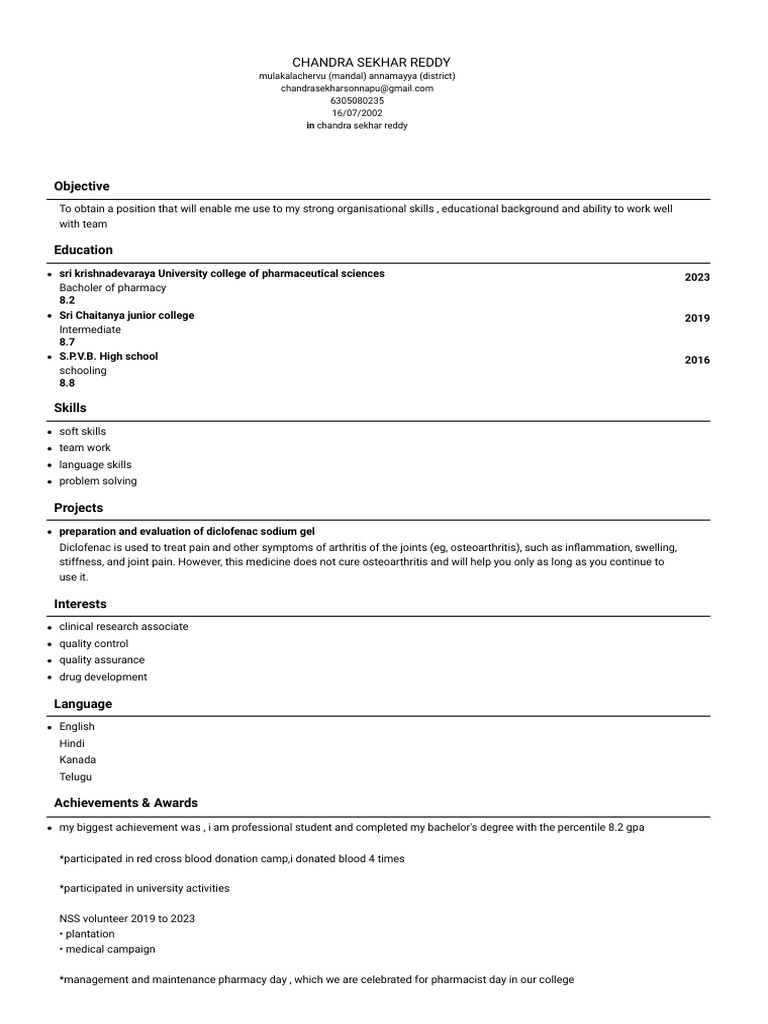 Chandra Sekhar Reddy's Resume 2023 | PDF | Pharmacy | Osteoarthritis