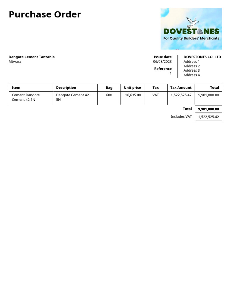 Dangote Cement Purchase Order Mtwara | PDF