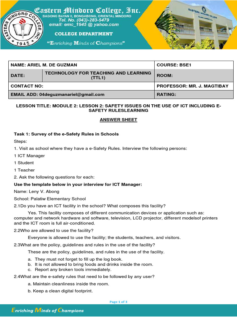 Module 2 - Lesson 2 - Safety Issues On The Use of Ict Including E ...