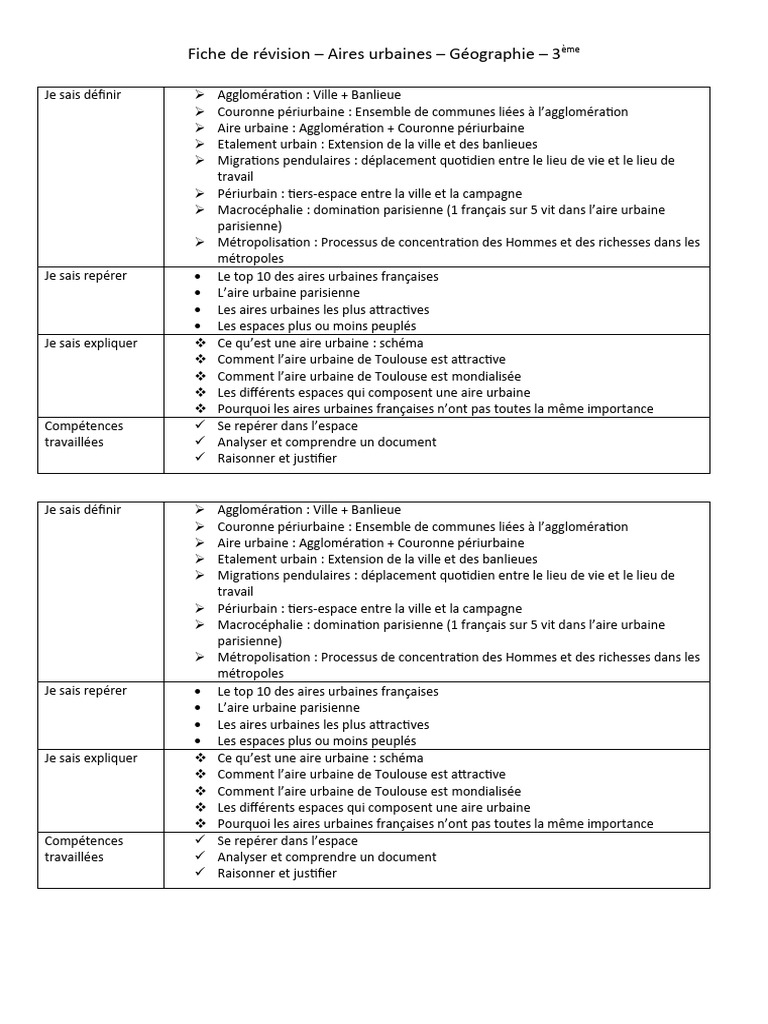 Fiche de Révision Aires Urbaines | PDF | Migration pendulaire | Banlieue