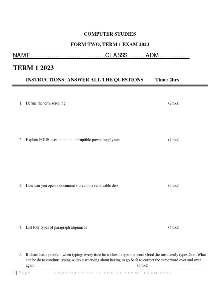 COMPUTER FORM TWO QN Teacher - Co - Ke | PDF | Computer Monitor | Bios
