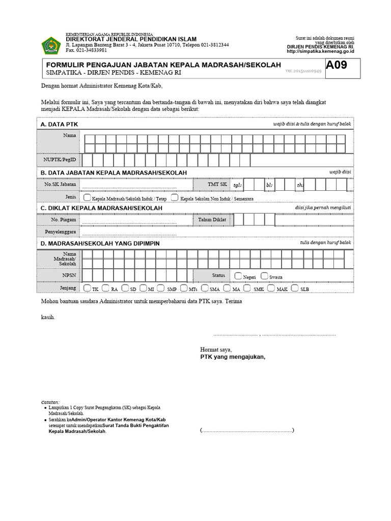 Formulir A09 - PENGAJUAN JABATAN KEPALA MADRASAH - SEKOLAH - Formulir-A09 | PDF