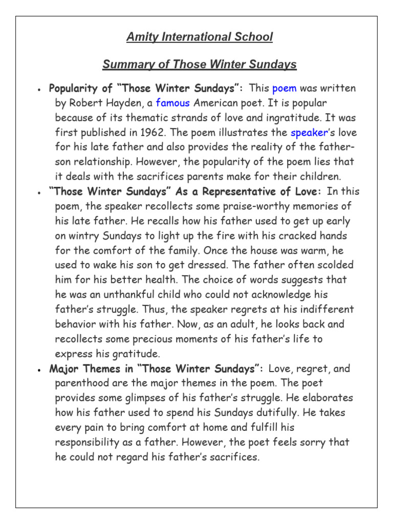 Those Winter Sundays - Summary | PDF
