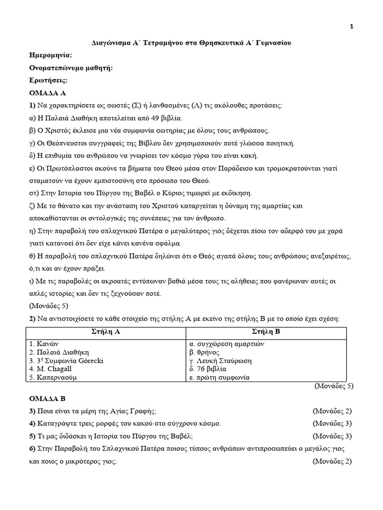 ΔΙΑΓΩΝΙΣΜΑ Α ΤΕΤΡΑΜΗΝΟΥ ΘΡΗΣΚΕΥΤΙΚΑ Α ΓΥΜΝΑΣΙΟΥ 2020 - 21 | PDF