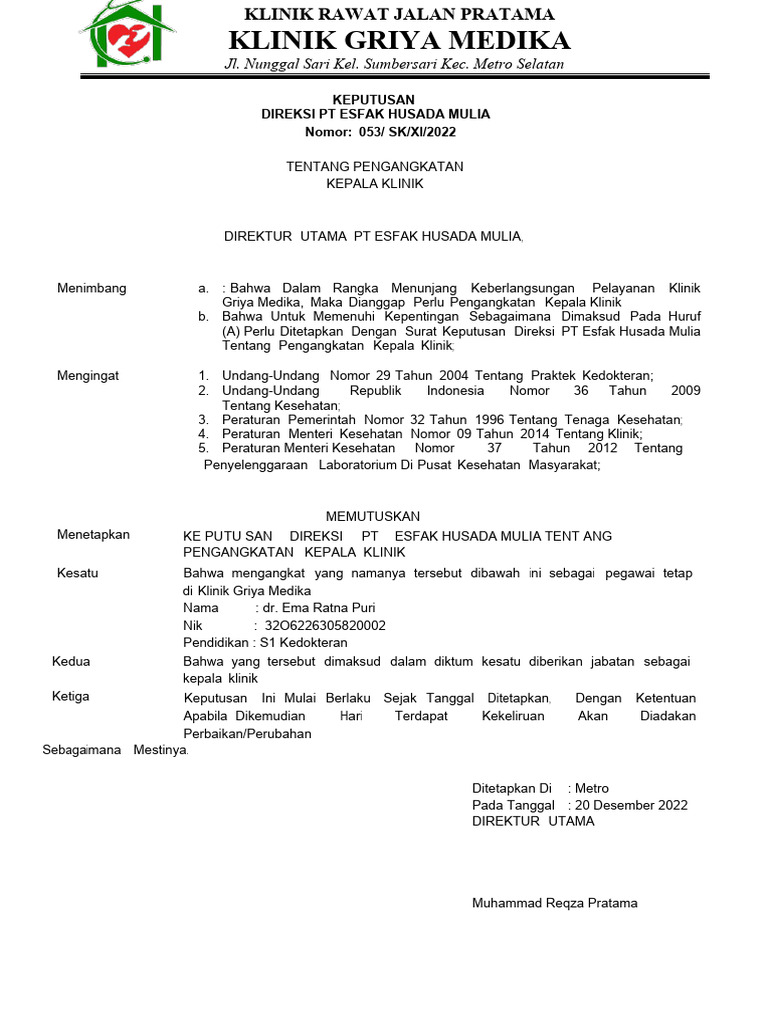 SK Pengangkatan Kepala Klinik | PDF