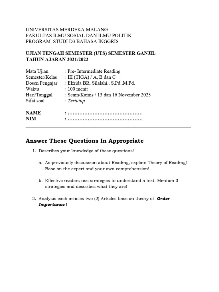 Soal UTS Ganjil Pre - Inter Reading | PDF | Food And Drink