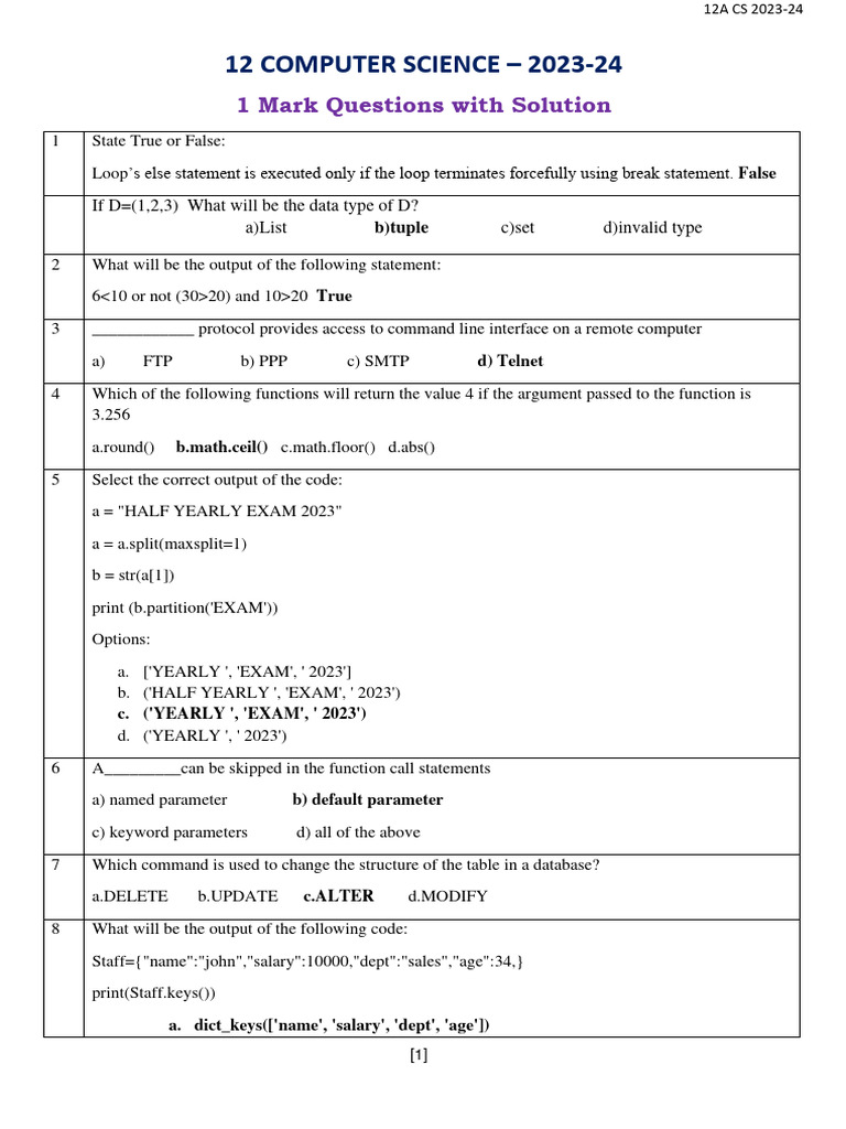 1 Mark MCQs_75 | PDF | Parameter (Computer Programming) | Control Flow
