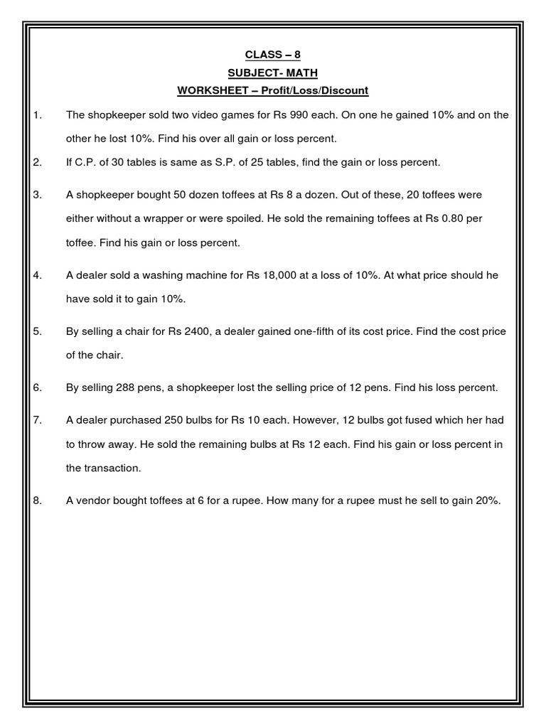 Worksheet On Profit and Loss | PDF | Home & Garden | Art
