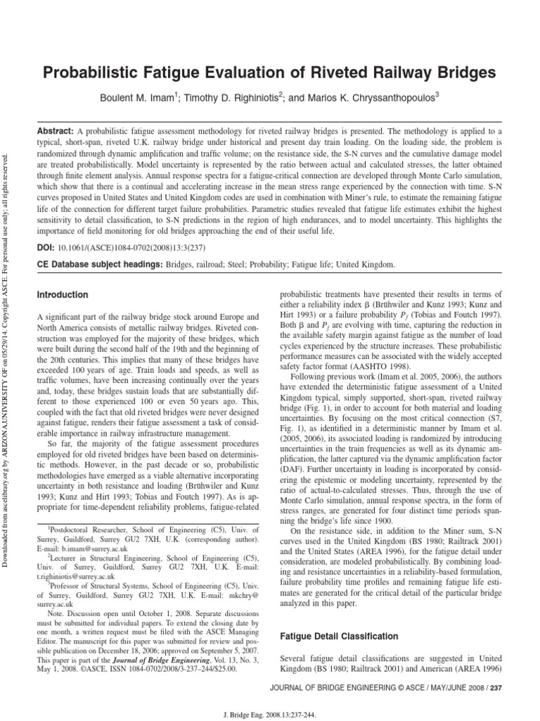 2008 Probabilistic Fatigue Evaluation of Riveted Railway Bridges | PDF | Fatigue (Material ...