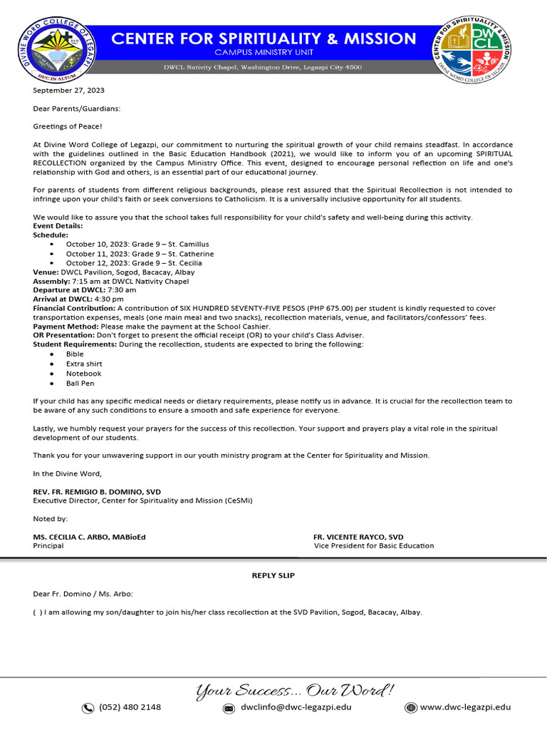 Grade 9 Recollection Letter 2023 | PDF | Wellness