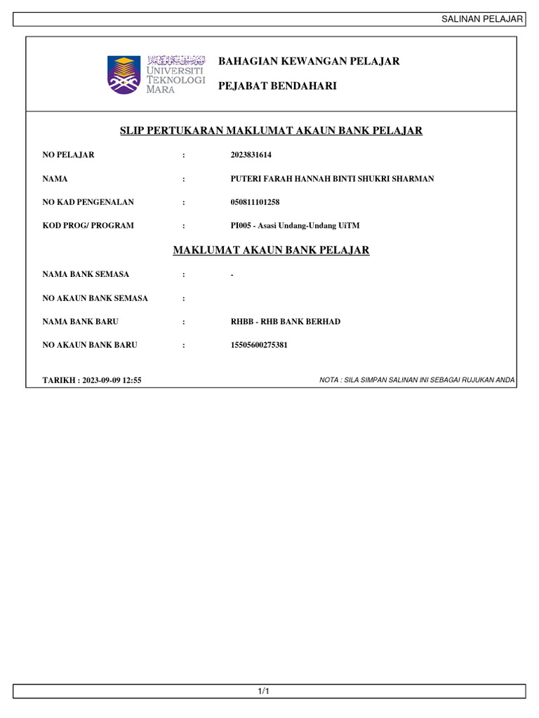 Akaun RHB Farah UITM | PDF