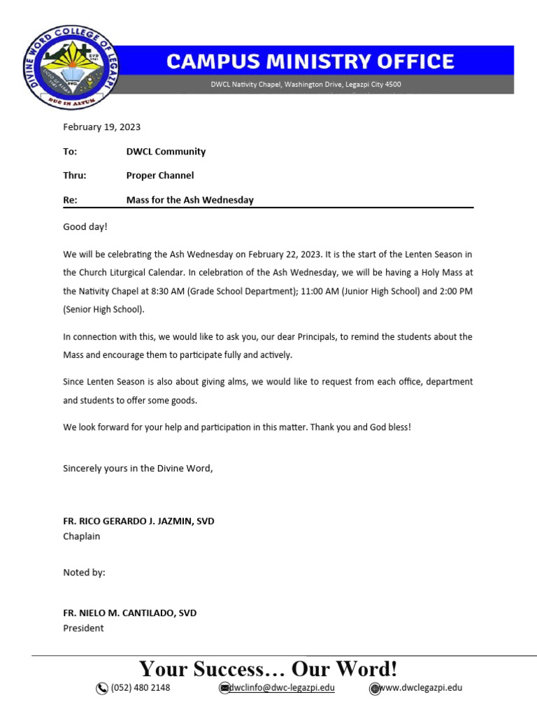 Letter ASH WEDNESDAY NORTH CAMPUS | PDF | Social Science