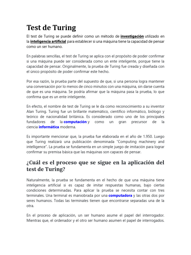Test De Turing Pdf Alan Turing Inteligencia Artificial