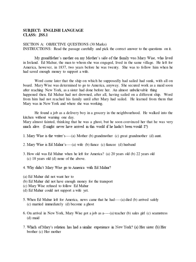 English Language JSS 1 Question | PDF