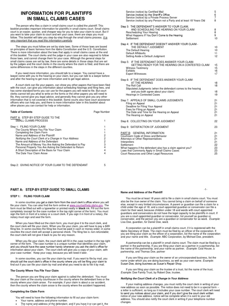 Small Claims Plaintiff Booklet 2014 | PDF | Default Judgment | Service ...